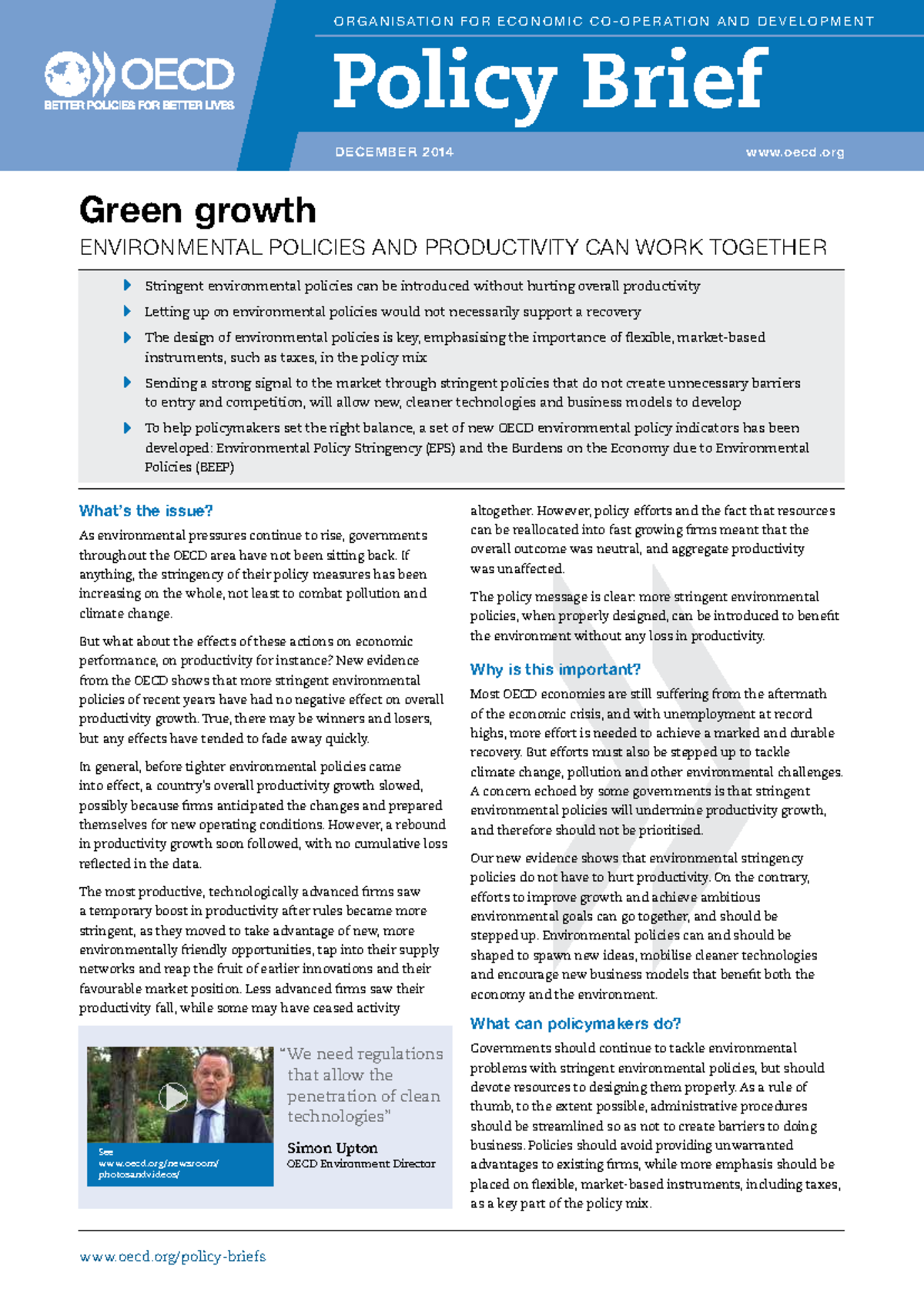 OECD Policy Brief: Green Growth & Environmental Policies (Dec 2014 ...