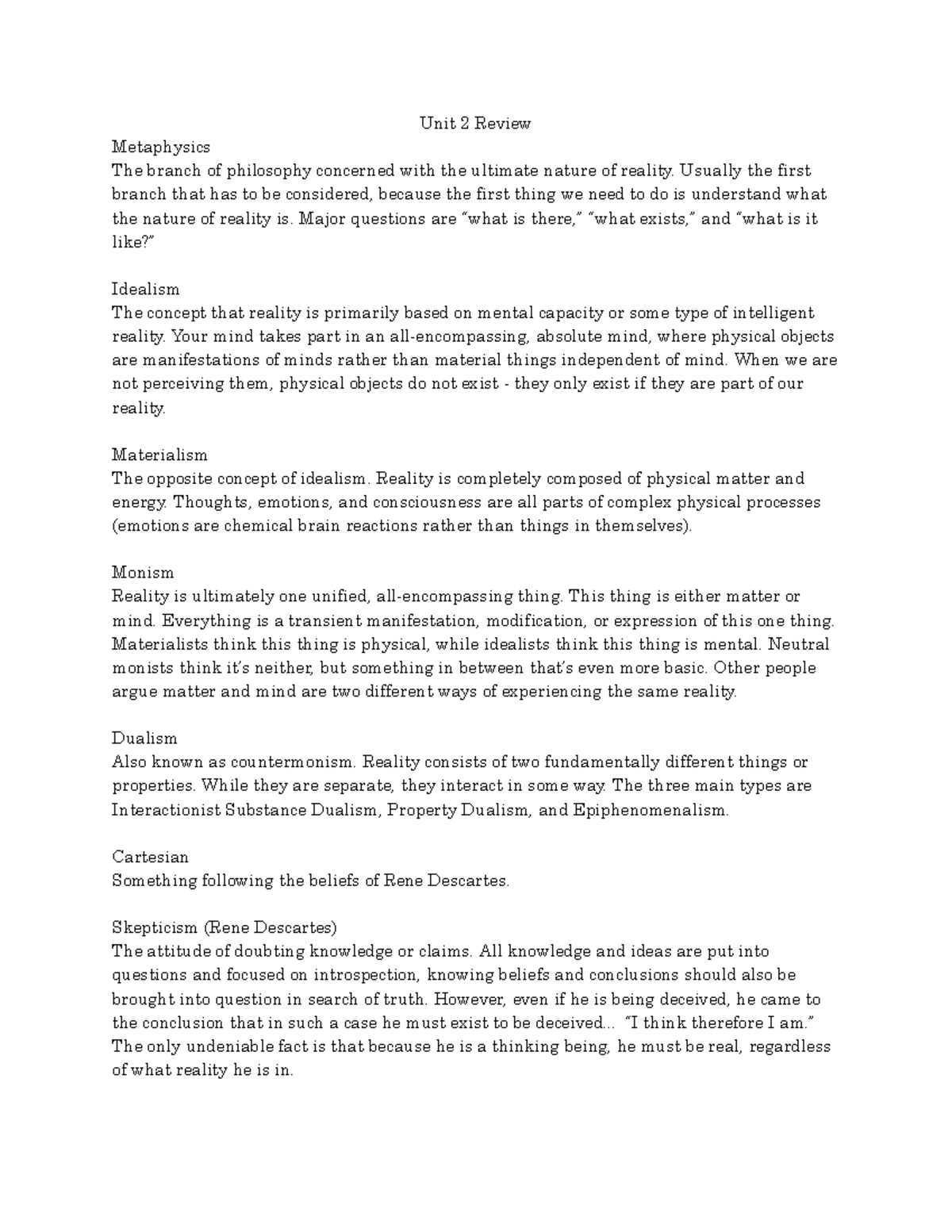 HZT4U - Unit 2 Metaphysics Review: Nature of Reality Explained - Studocu