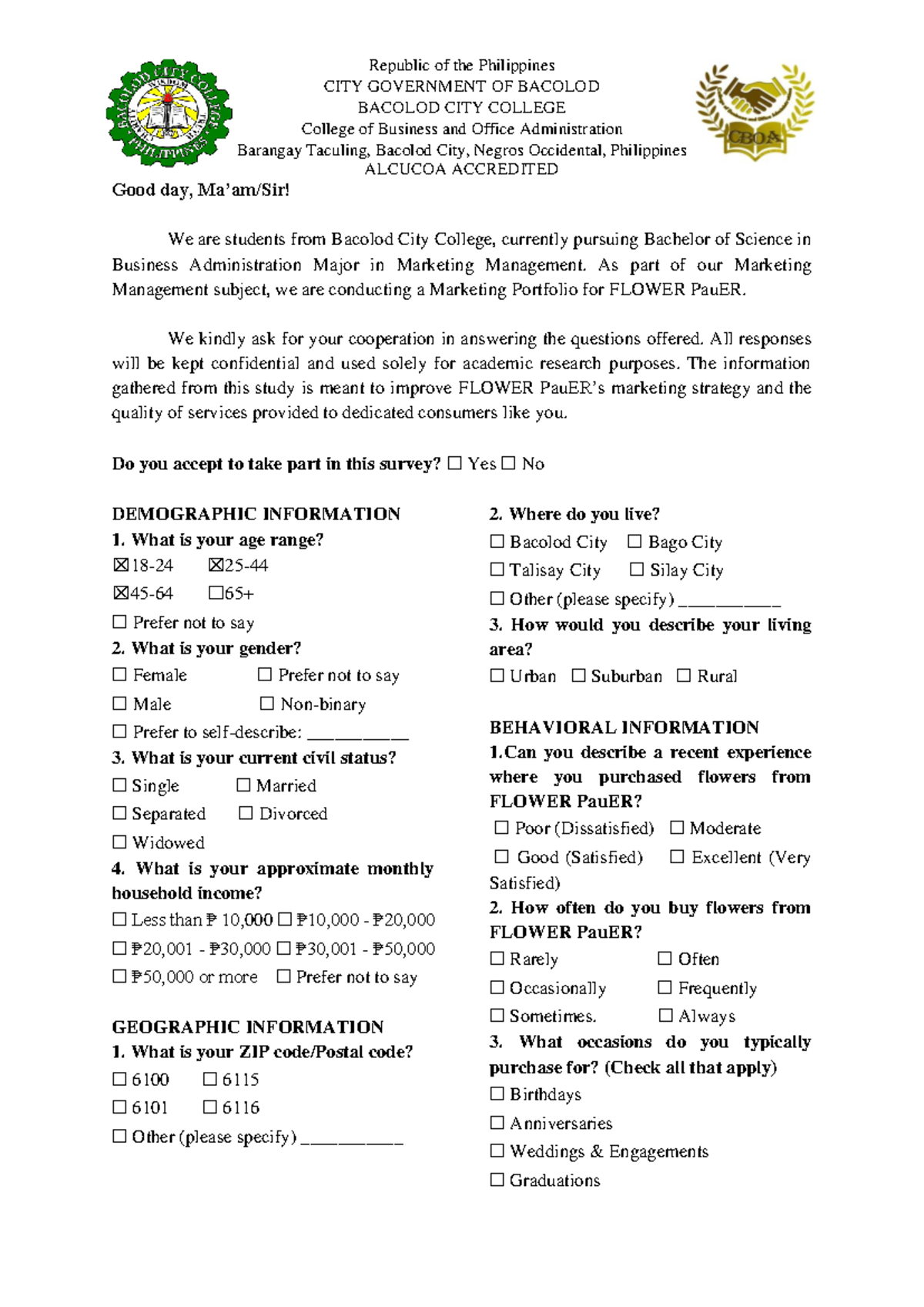 Marketing Portfolio Questionnaire for BSBA Marketing Management - Studocu
