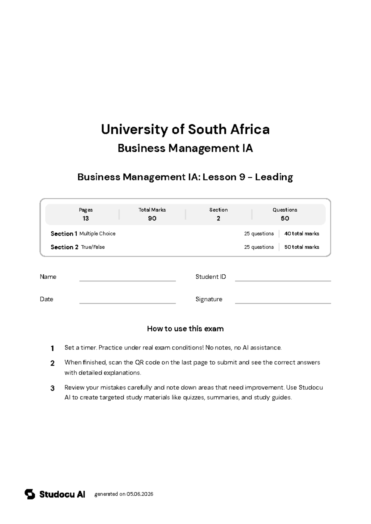 Business Management IA: Lesson 9 - Leading - Studocu