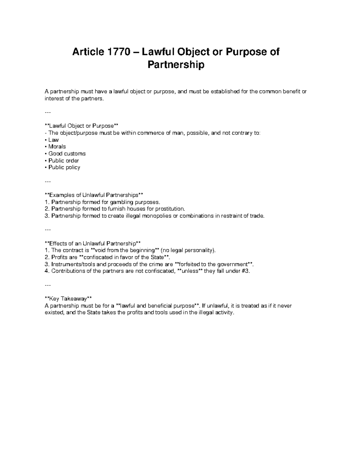Article 1770 Notes: Lawful Object or Purpose of Partnership - Studocu