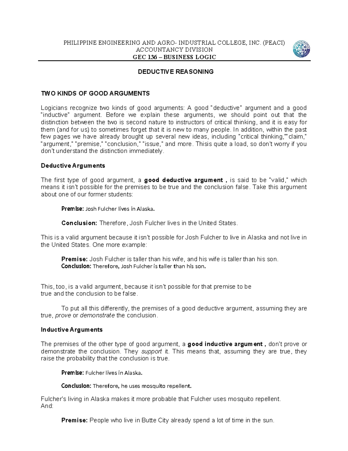 GEC 136 Lecture Notes: Deductive Reasoning (Weeks 7 & 8) - Studocu