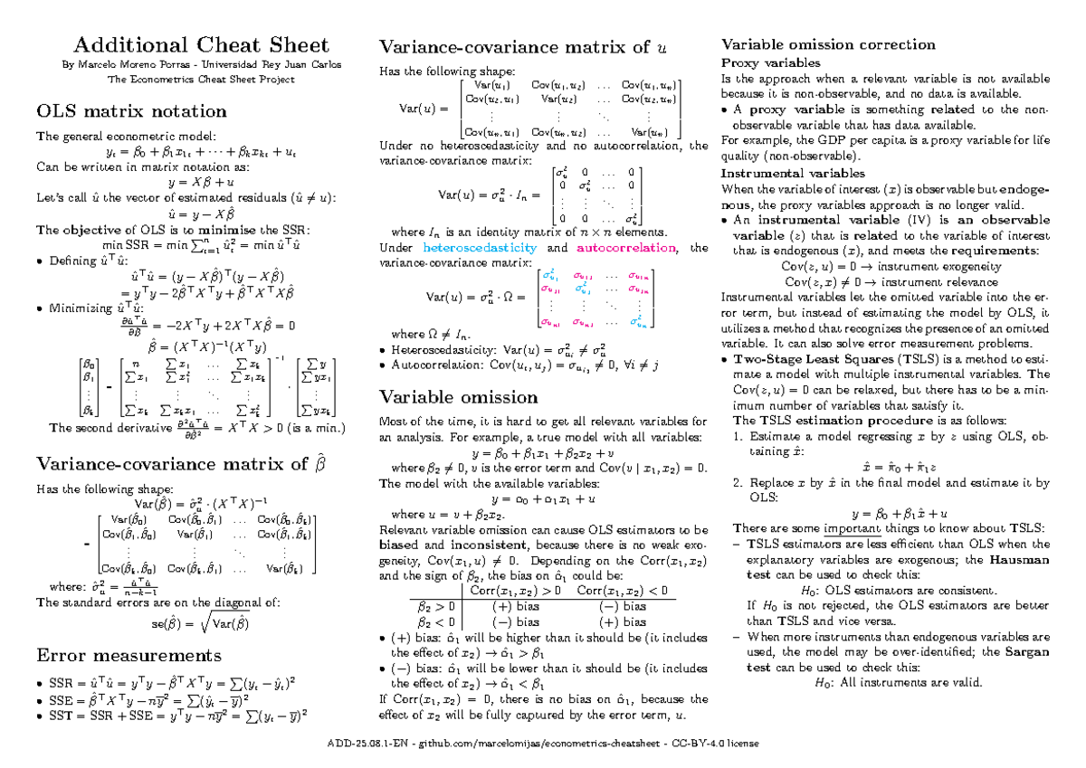 Econometrics Cheat Sheet: OLS Matrix Notation & Key Concepts - Studocu
