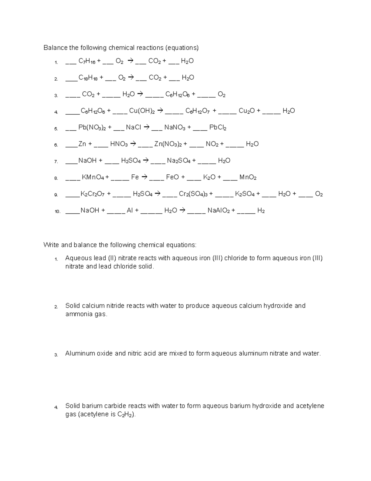 Practice Write and Balance Chemical Reactions - Balance the following ...