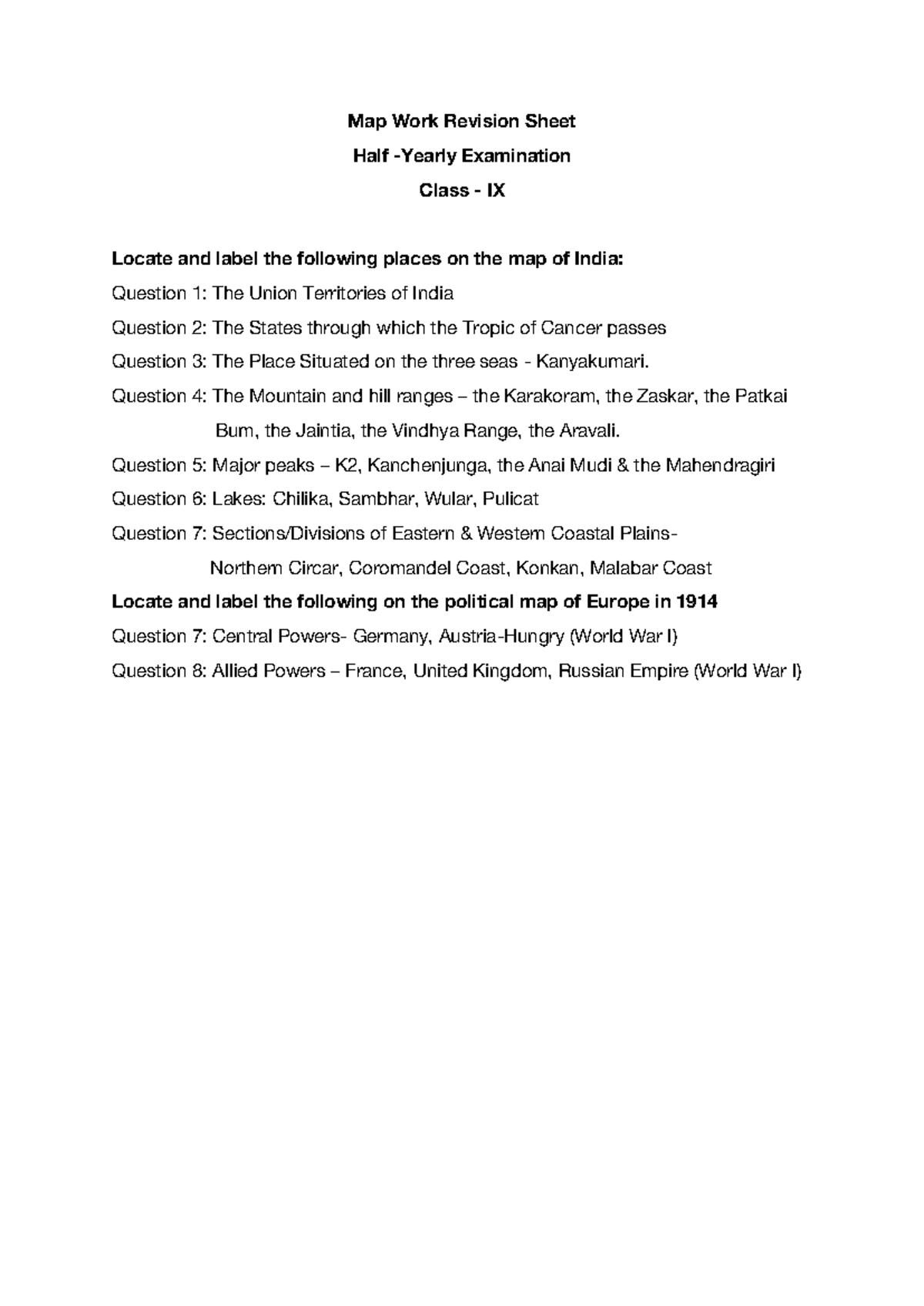 IX-HY-Map Work Revision Sheet: India & Europe 1914 Exam Prep - Studocu