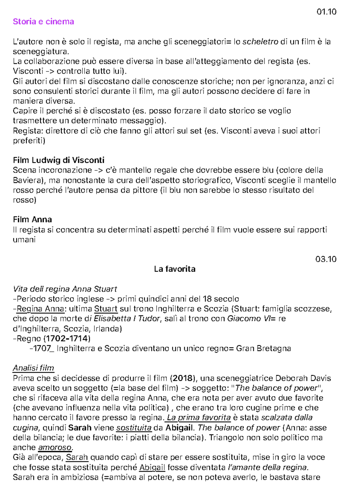 Storia e Cinema: Analisi dei Film "La Favorita" e "Ludwig" - Studocu