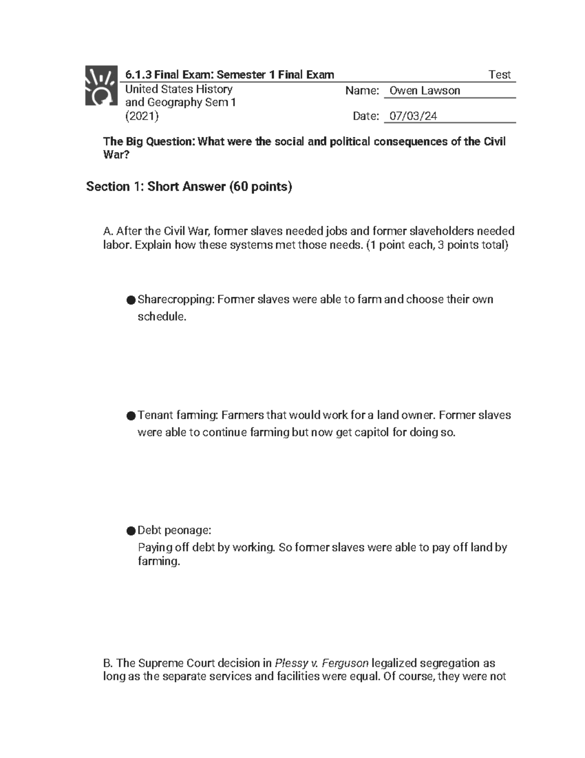 6.1.3 Final Exam - US History & Geography Sem 1 Test (2021) - Studocu