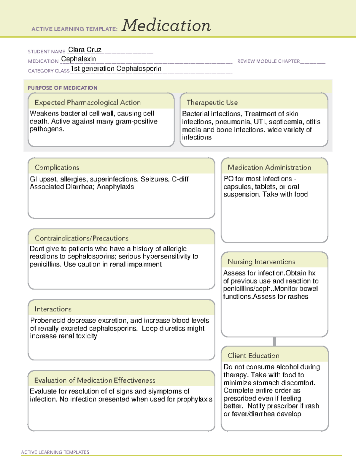 Cephalexin (Med Card) - Active Learning Template Review Guide - Studocu