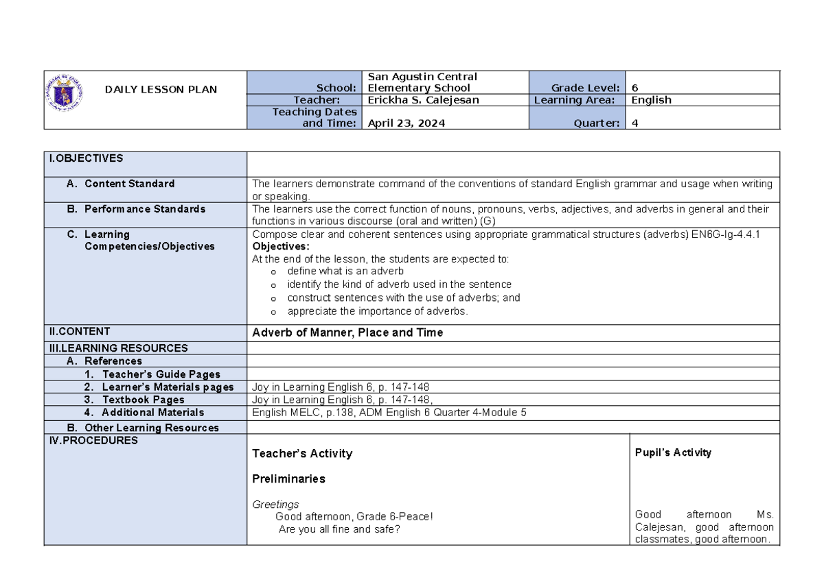 Grade VI Detailed Lesson Plan: Exploring Adverbs in English - Studocu