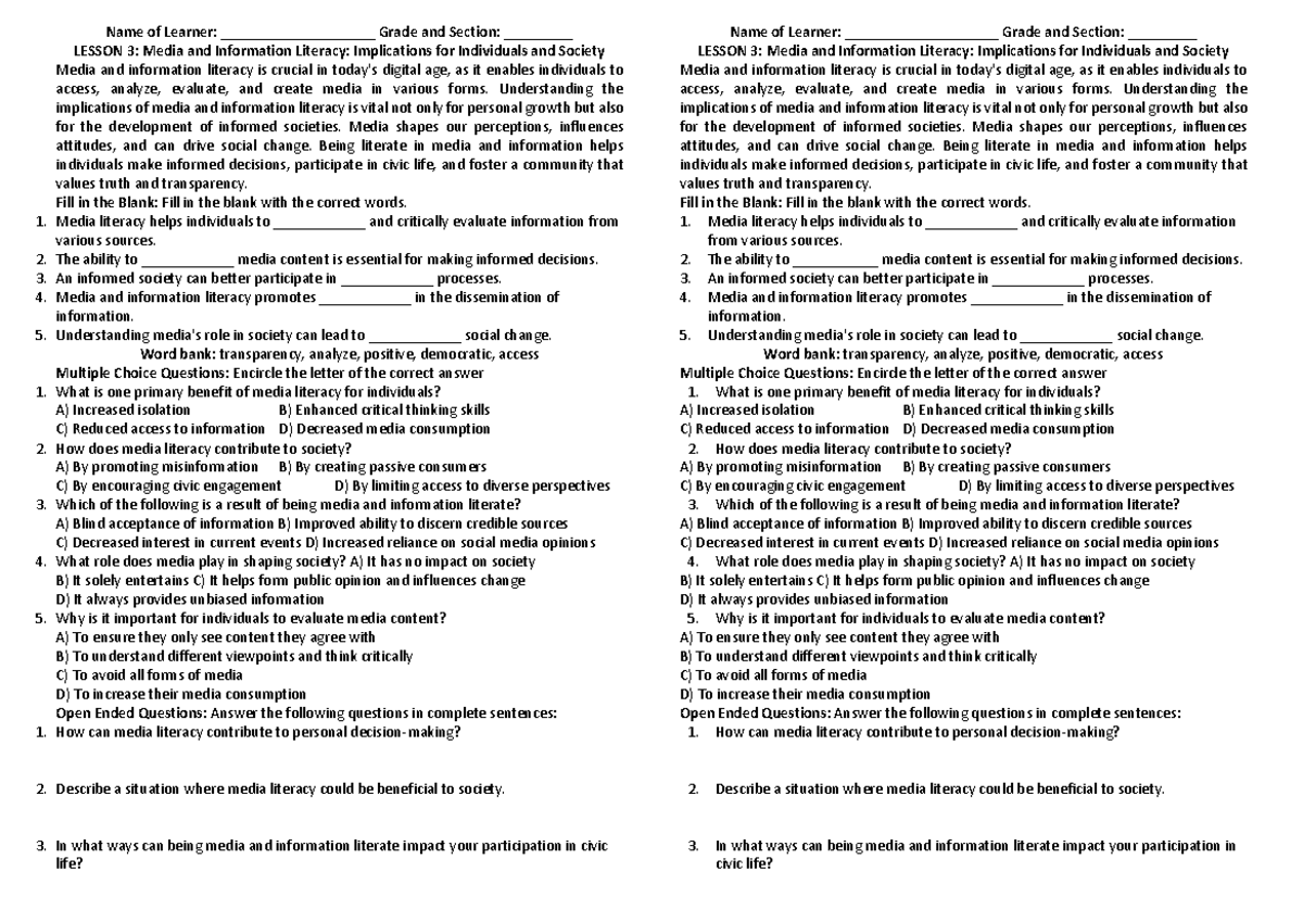 MELC 3 - Lesson on Media and Information Literacy Implications - Studocu