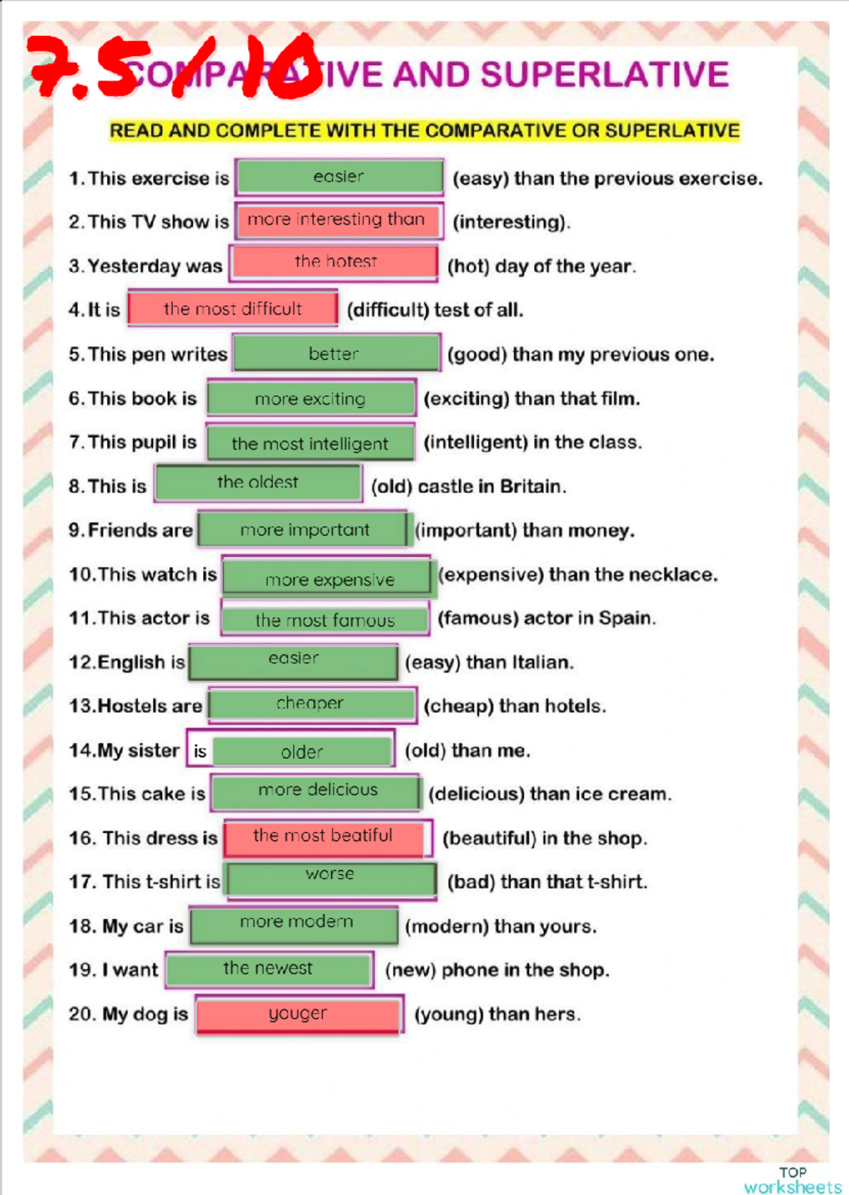 SOMPAR IVE AND SUPERLATIVE ADJECTIVES WORKSHEET 2 - Studocu