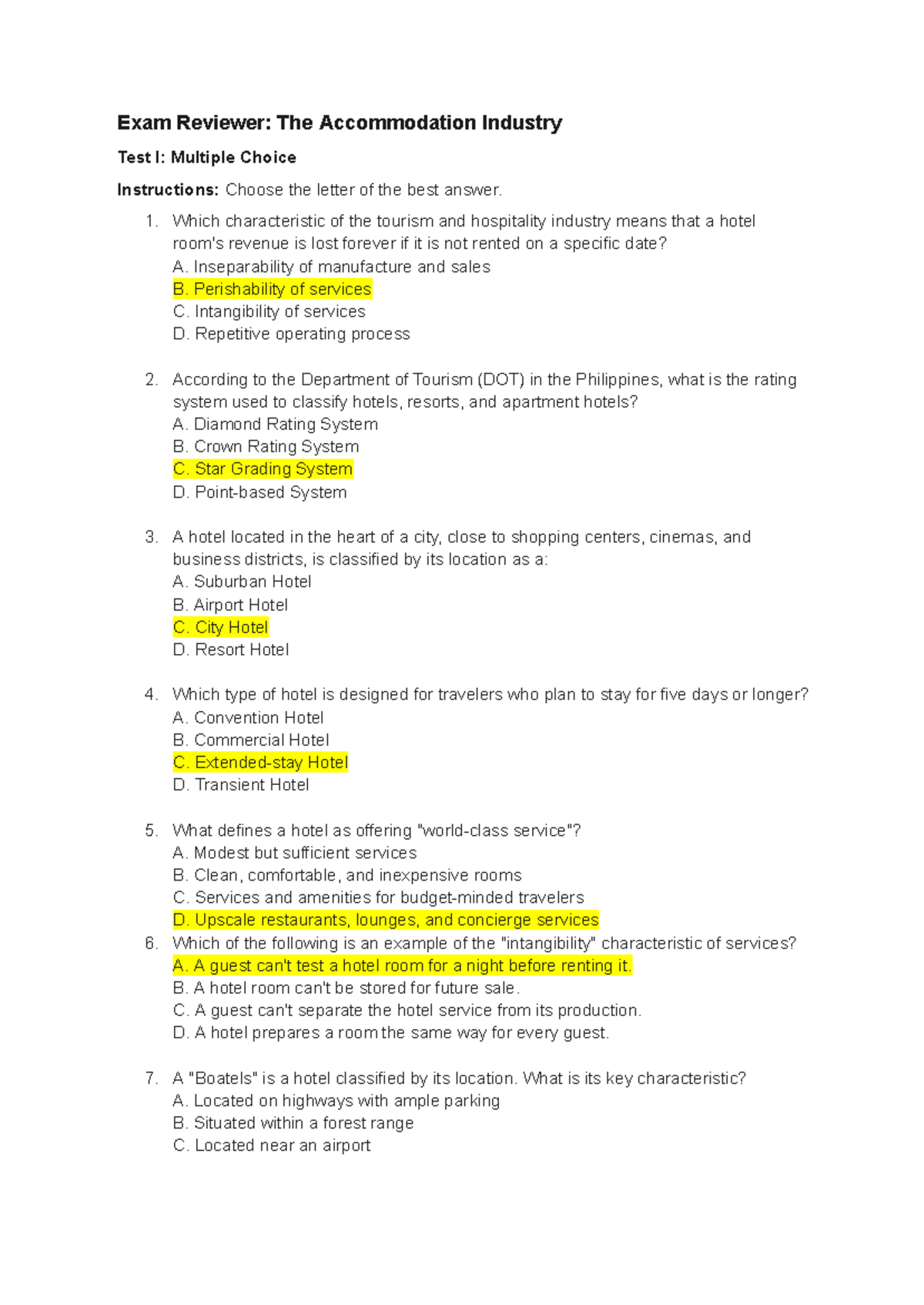 Accommodation Industry Exam Reviewer: Test I - Multiple Choice - Studocu
