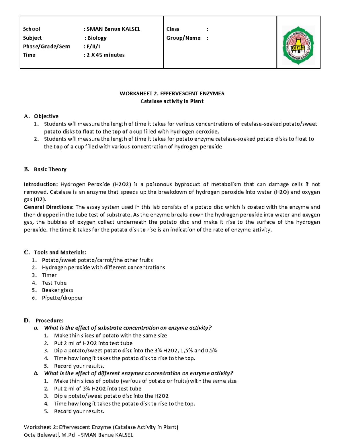 Biology Worksheet 2: Catalase Activity in Plants - SMAN Banua KALSEL ...