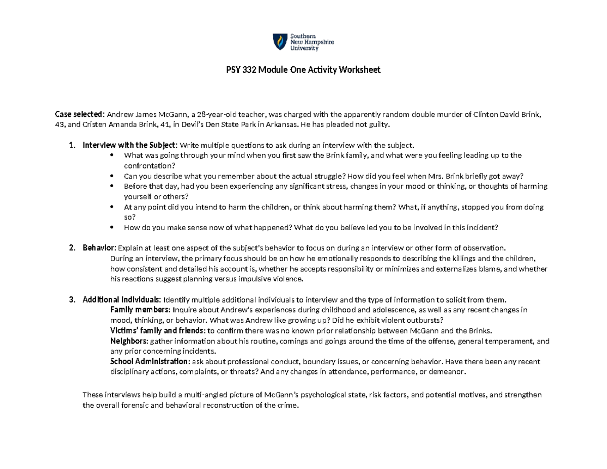 PSY 332 Case Study: Forensic Analysis of Andrew James McGann - Studocu