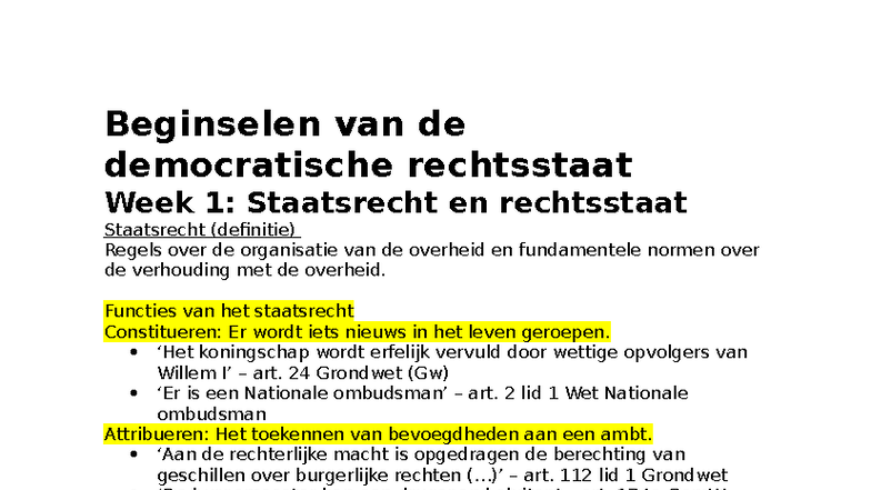 Staatsrecht en Rechtsstaat: Week 1 - Beginselen en Functies - Studeersnel