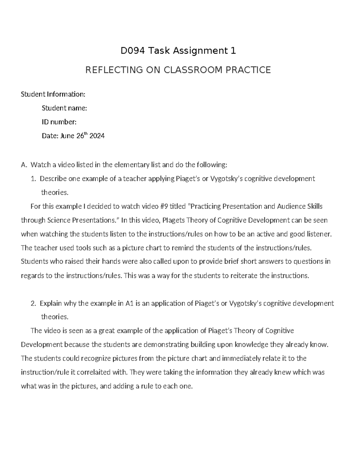 D094 Task 1 - task 1 - D094 Task Assignment 1 REFLECTING ON CLASSROOM ...