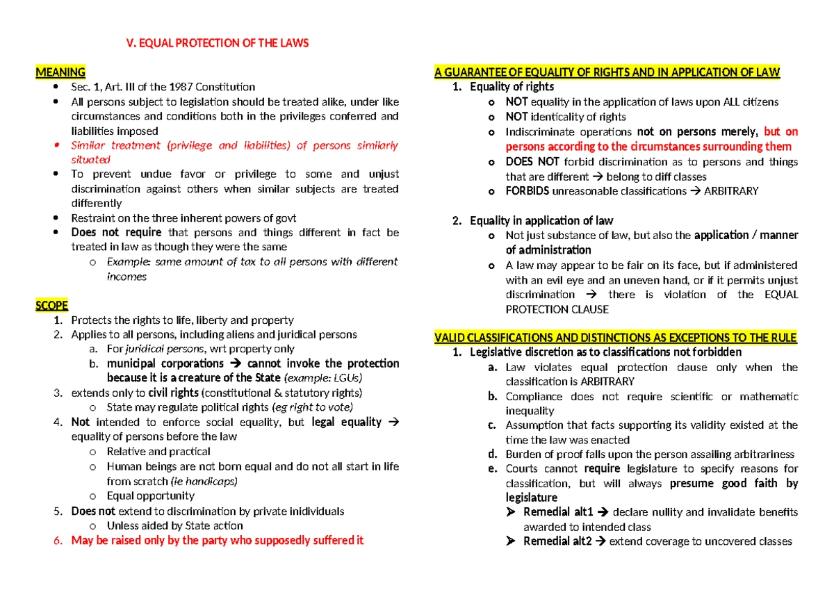 Cases - DUE Process & Equal Protection Analysis (Final Notes) - Studocu