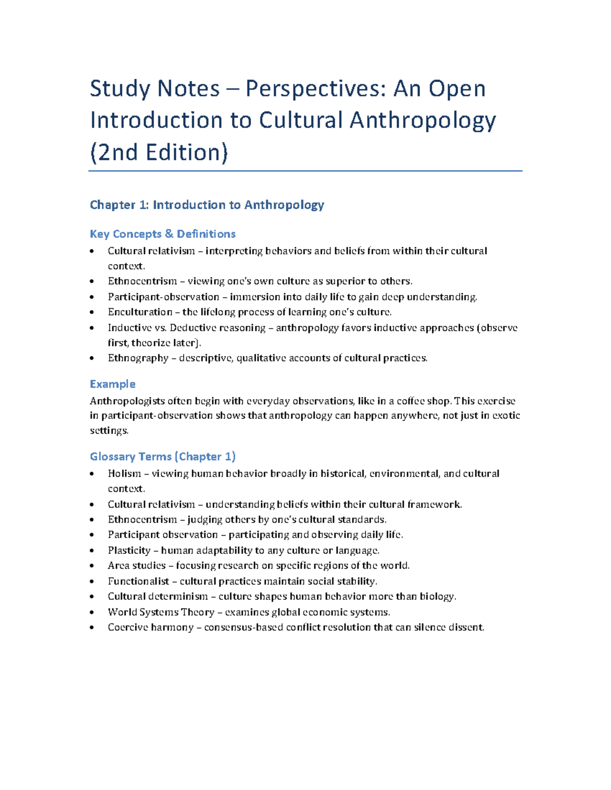 Cultural Anthropology (ANTH 101) Chapter 1: Key Concepts & Insights ...