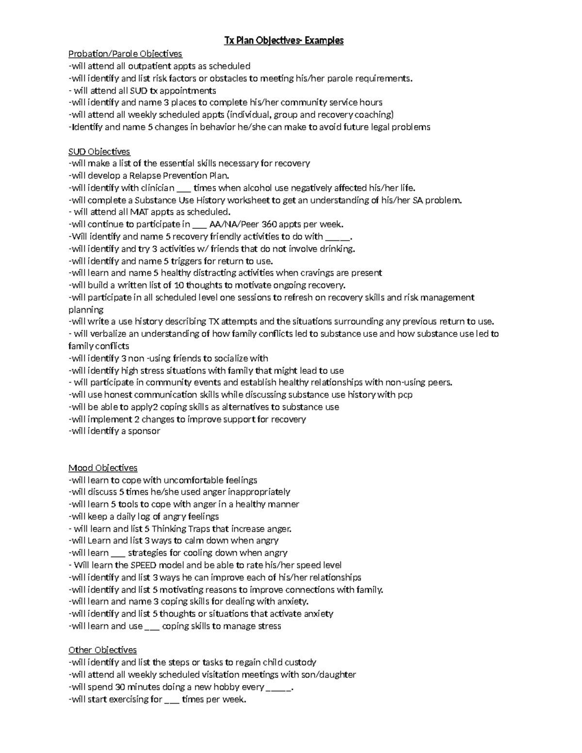 Tx Plan Objectives and Examples for SUD & Mood Management - Studocu