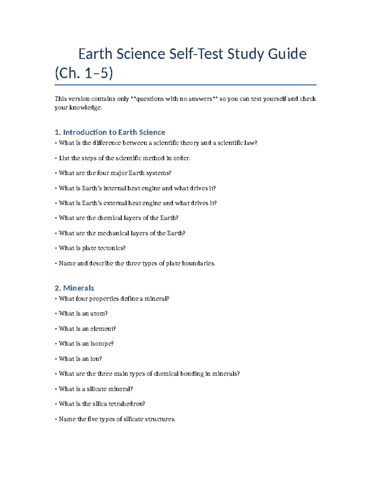 Earth Science Self-Test Study Guide (Ch. 1–5) - Questions Only - Studocu