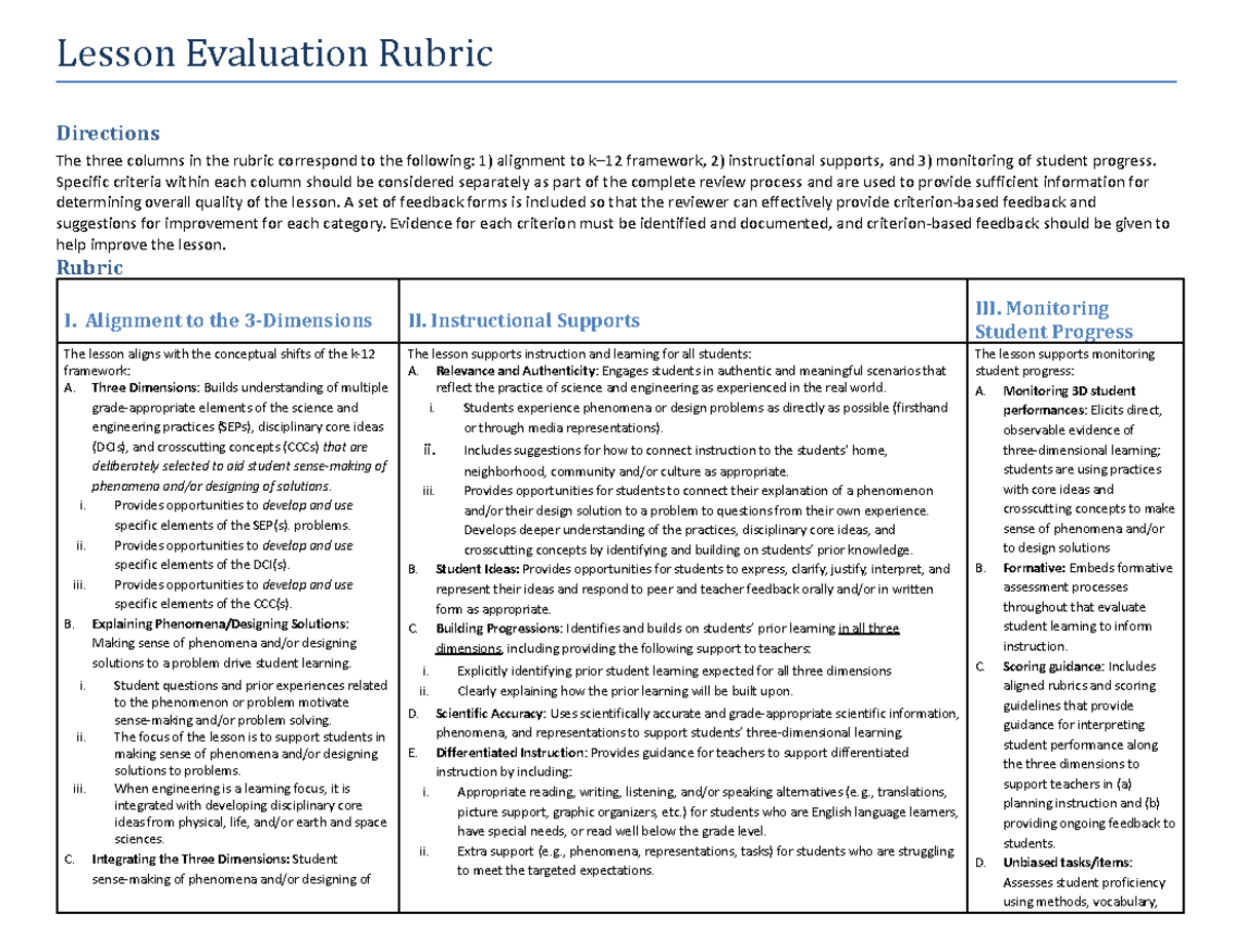 Science Methods Task 1: Evaluation Rubric for K–12 Lessons - Studocu