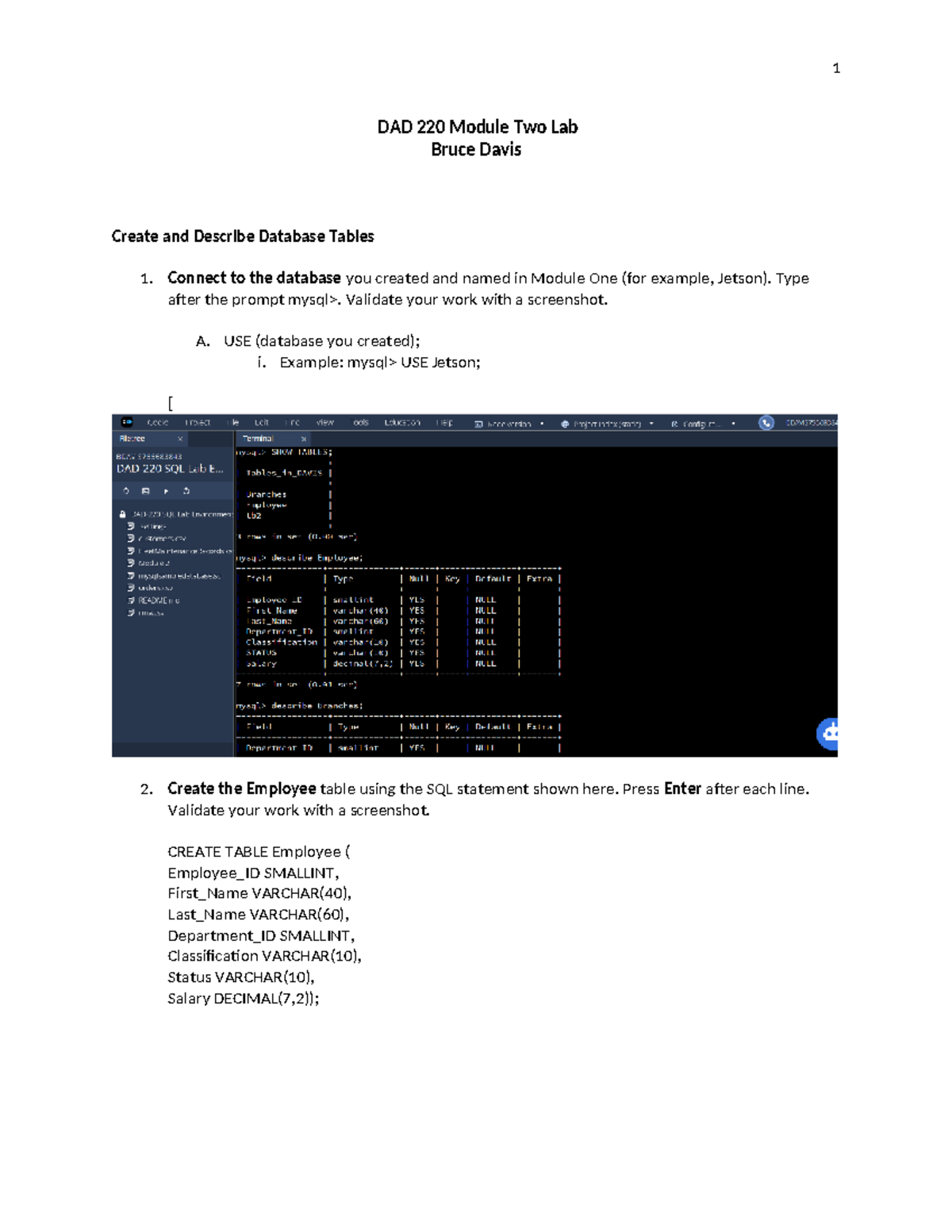 DAD 220 Module Two Lab: Creating and Describing Database Tables - Studocu