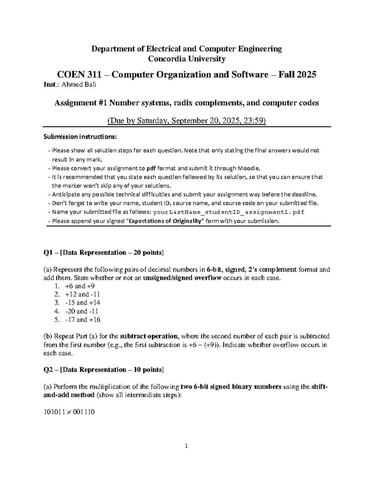 COEN 311 Assignment 1: Number Systems & Computer Codes - Fall 2025 - Studocu