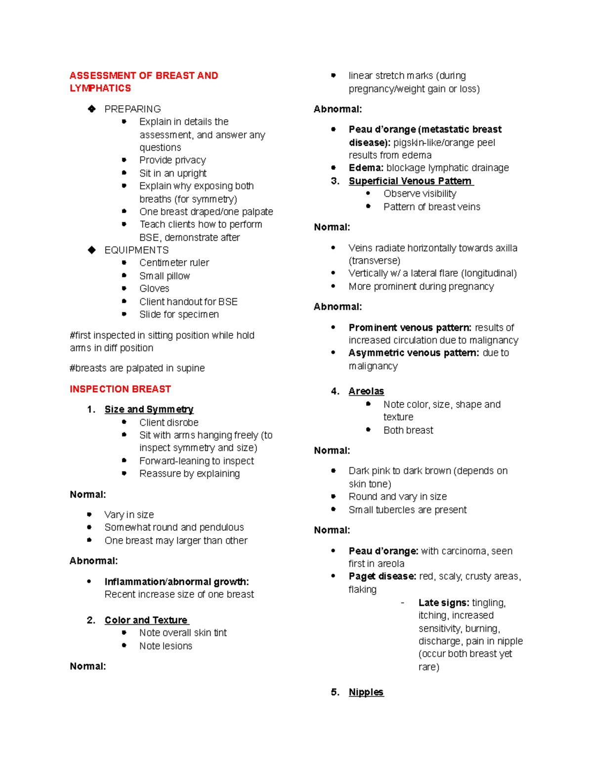 Assessment of Breast and Lymphatics: Detailed Guide for BSE - Studocu