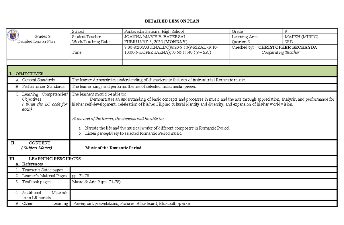 Detailed Lesson PLAN lesson 1 Music - DETAILED LESSON PLAN Grades 9 ...