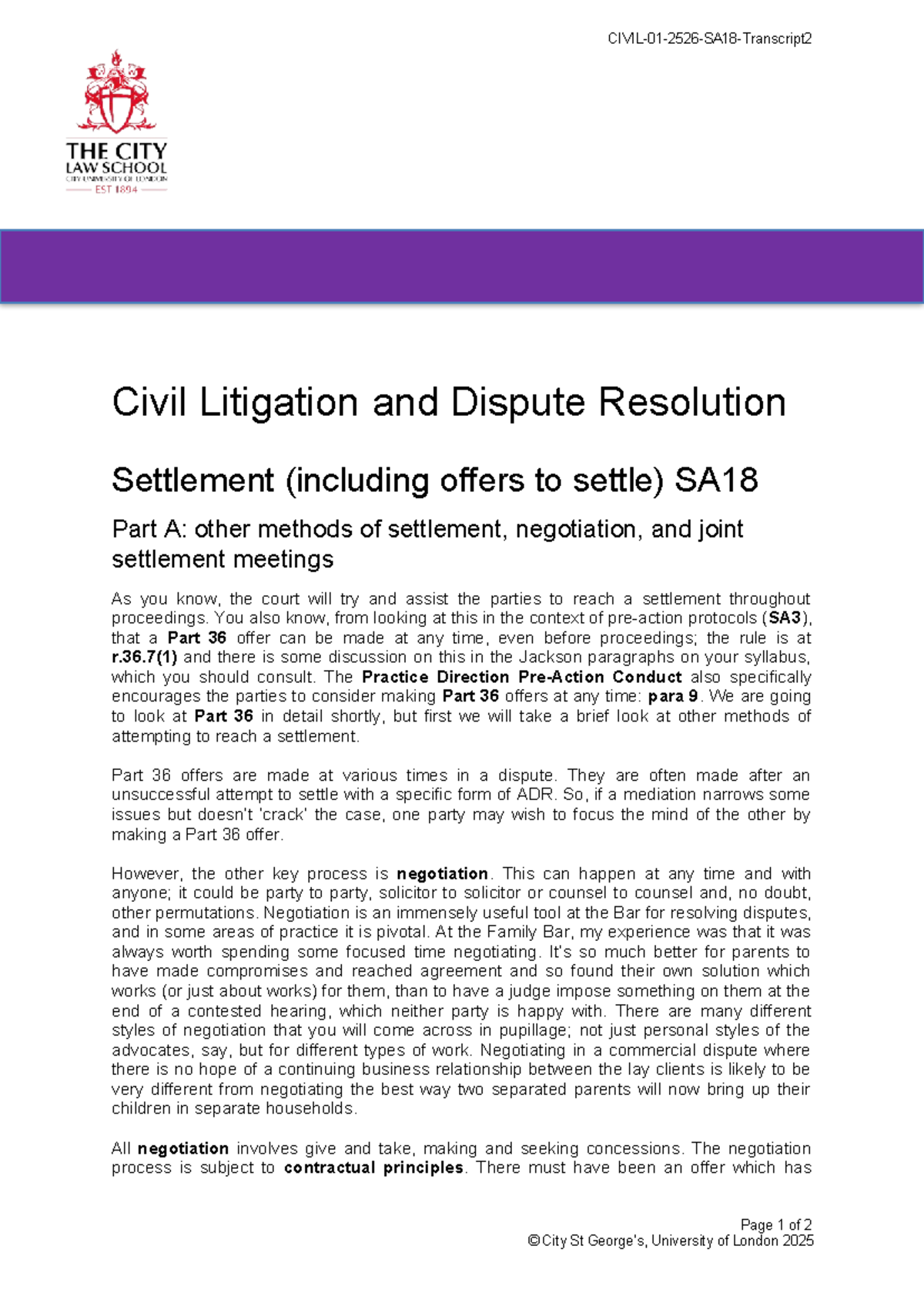 Civil Litigation & Dispute Resolution: Settlement Methods SA18 - Studocu