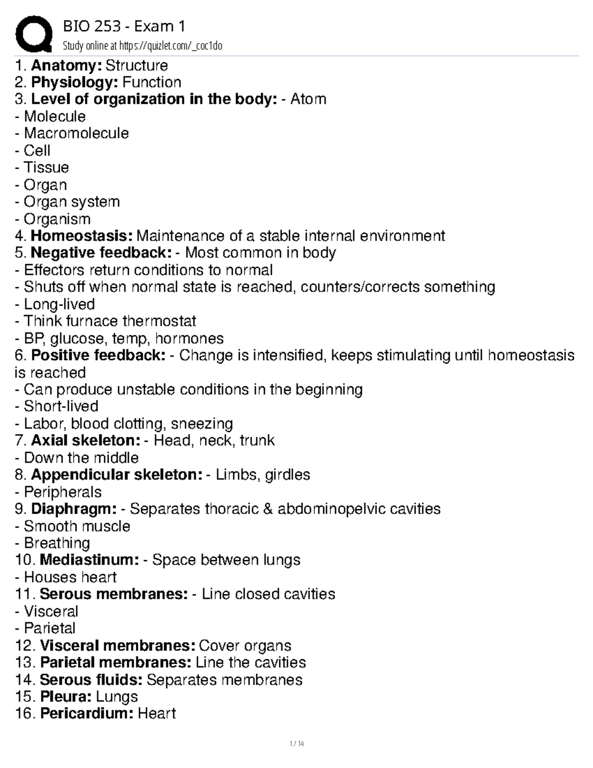 BIO 253 Exam 1 - Comprehensive Anatomy & Physiology Study Guide - Studocu