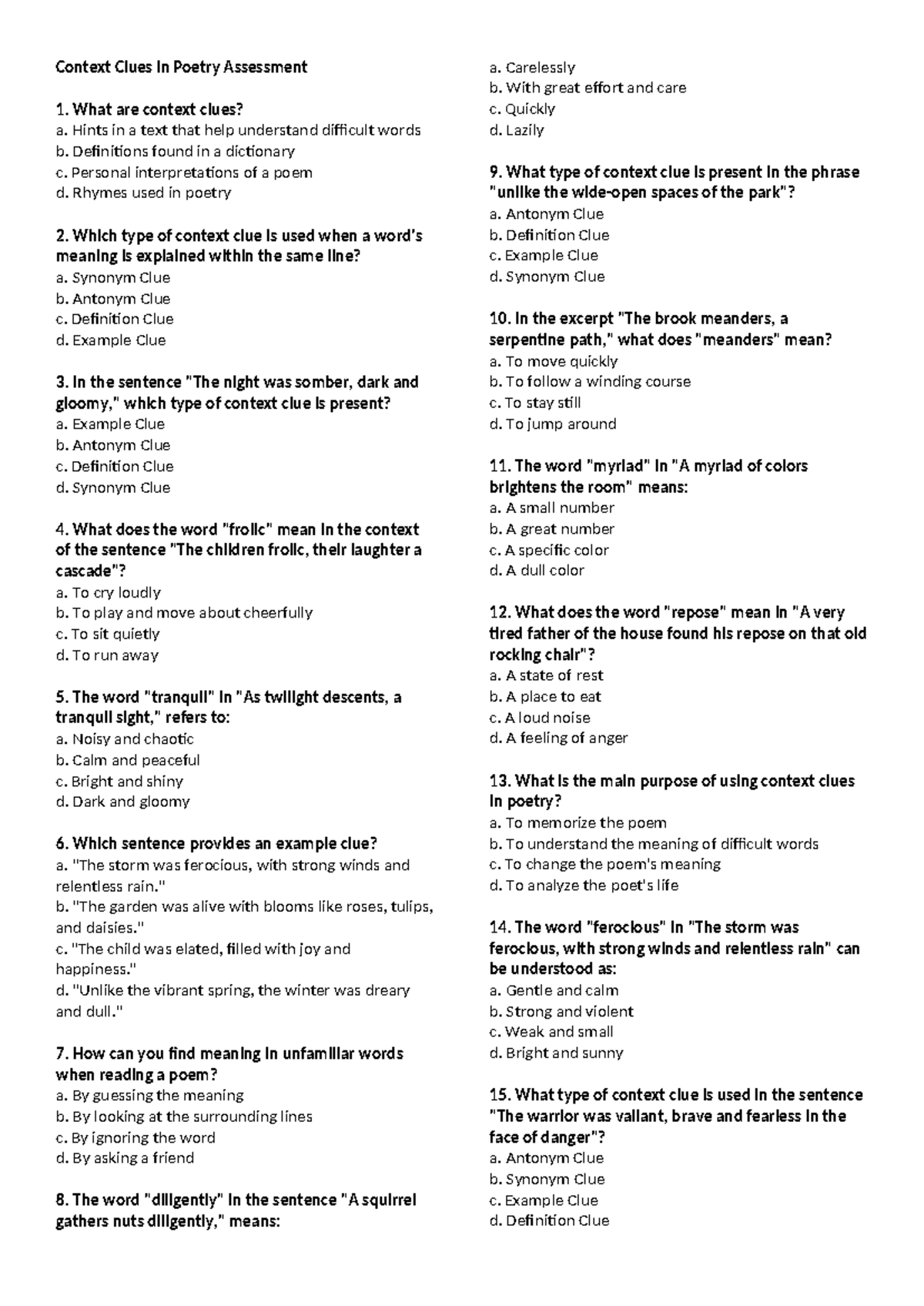 Context Clues in Poetry: Assessment Quiz 2 Review - Studocu