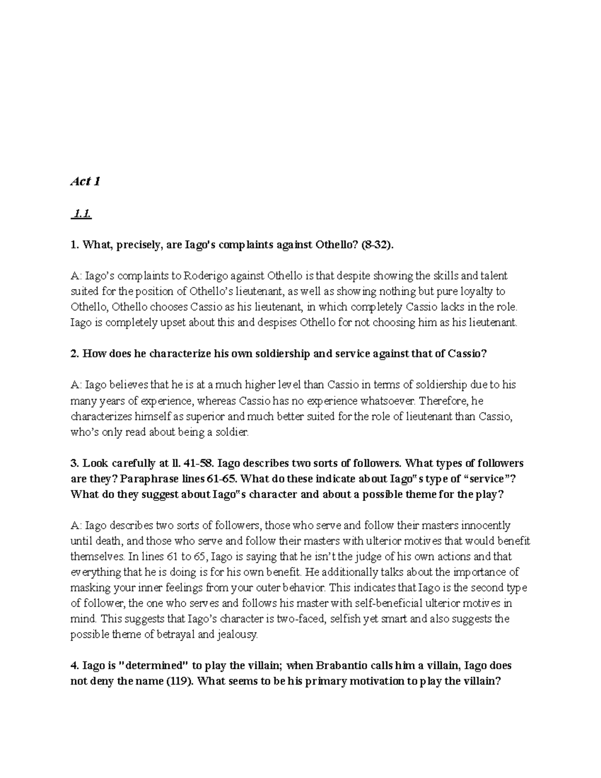 Othello Act 1 Study Guide Questions & Answer Key (World Lit) - Studocu