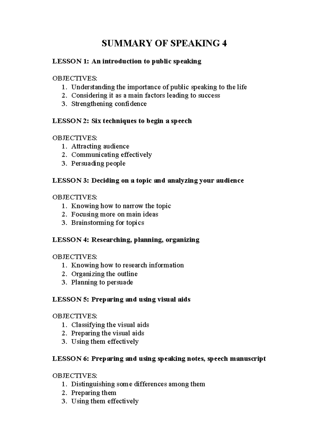 Summary of Speaking 4: Key Lessons and Techniques for Success - Studocu