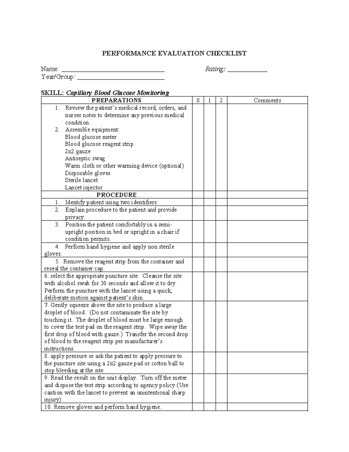 PERFORMANCE EVALUATION CHECKLIST: Capillary Blood Glucose Monitoring ...
