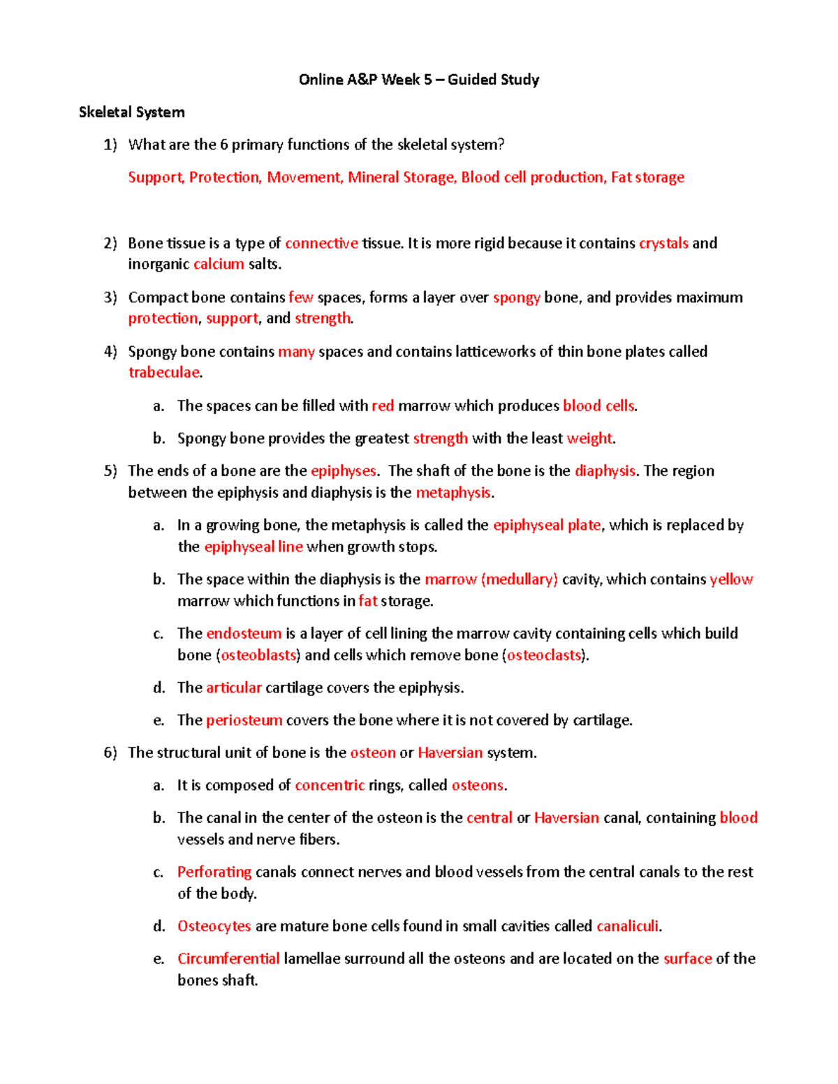 Week 5 Study Guide Key - Online A&P Week 5 – Guided Study Skeletal ...