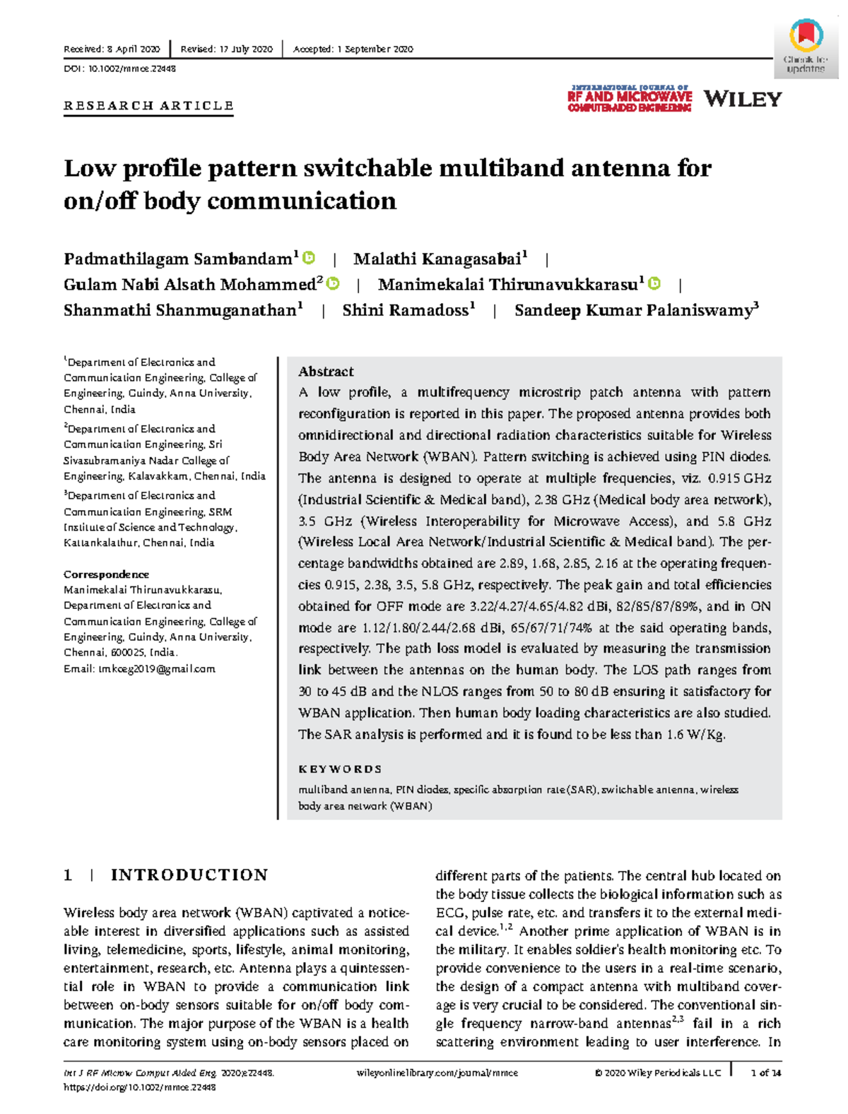 Low Profile Multiband Antenna for WBAN Applications: Design & Analysis ...