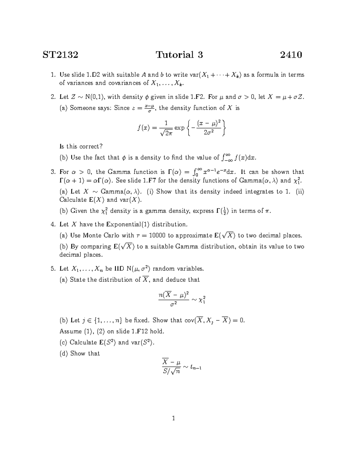 ST2132 Tutorial 3: Variances, Covariances, and Gamma Functions - Studocu