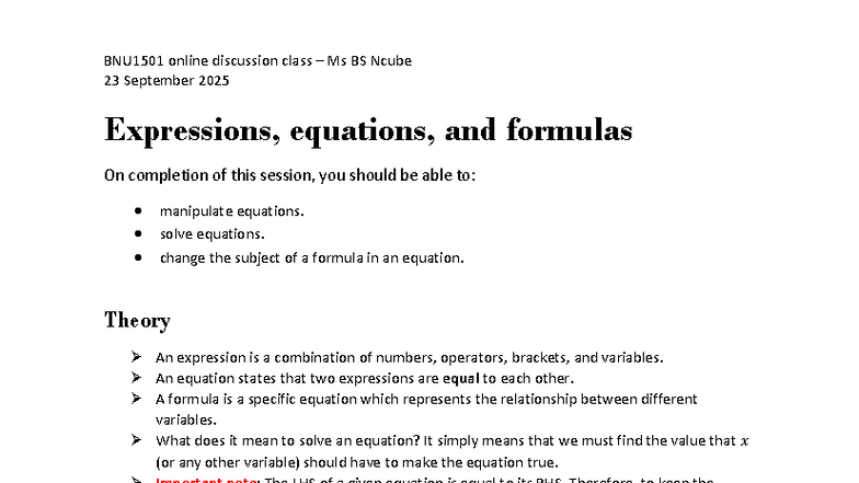 BNU1501 Online Lesson: Chapter 5 - Expressions & Equations - Studocu