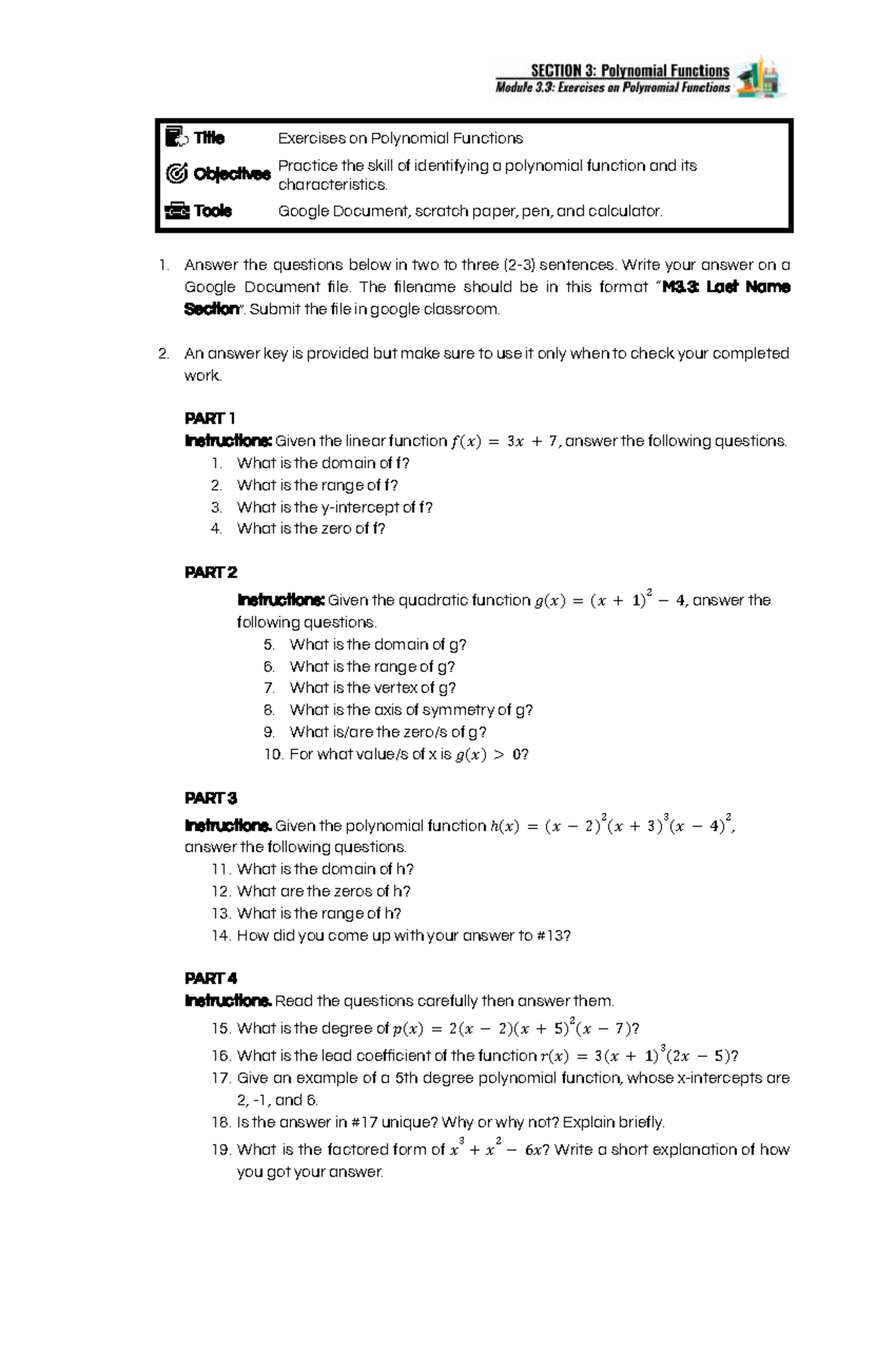 Exercises on Polynomial Functions: Identifying Characteristics - Studocu