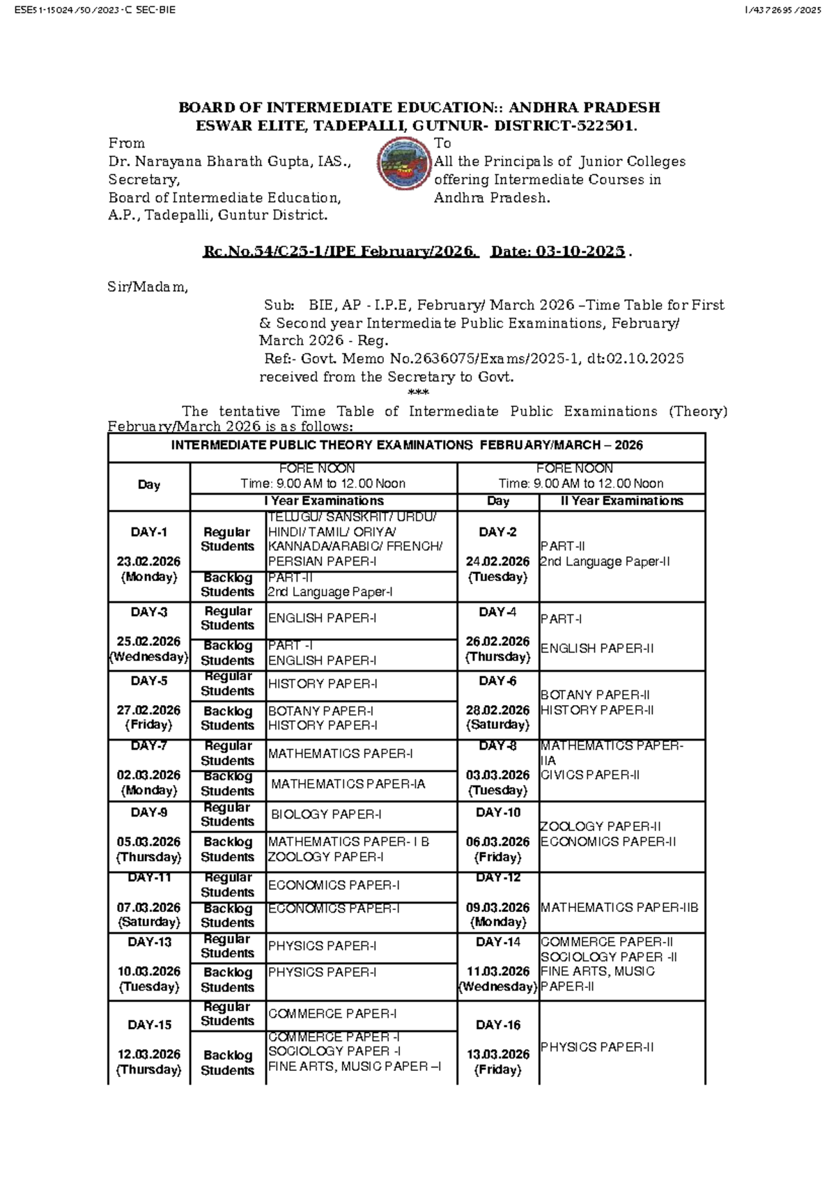 BIE AP I.P.E 2026 General Time Table for Intermediate Exams - Studocu
