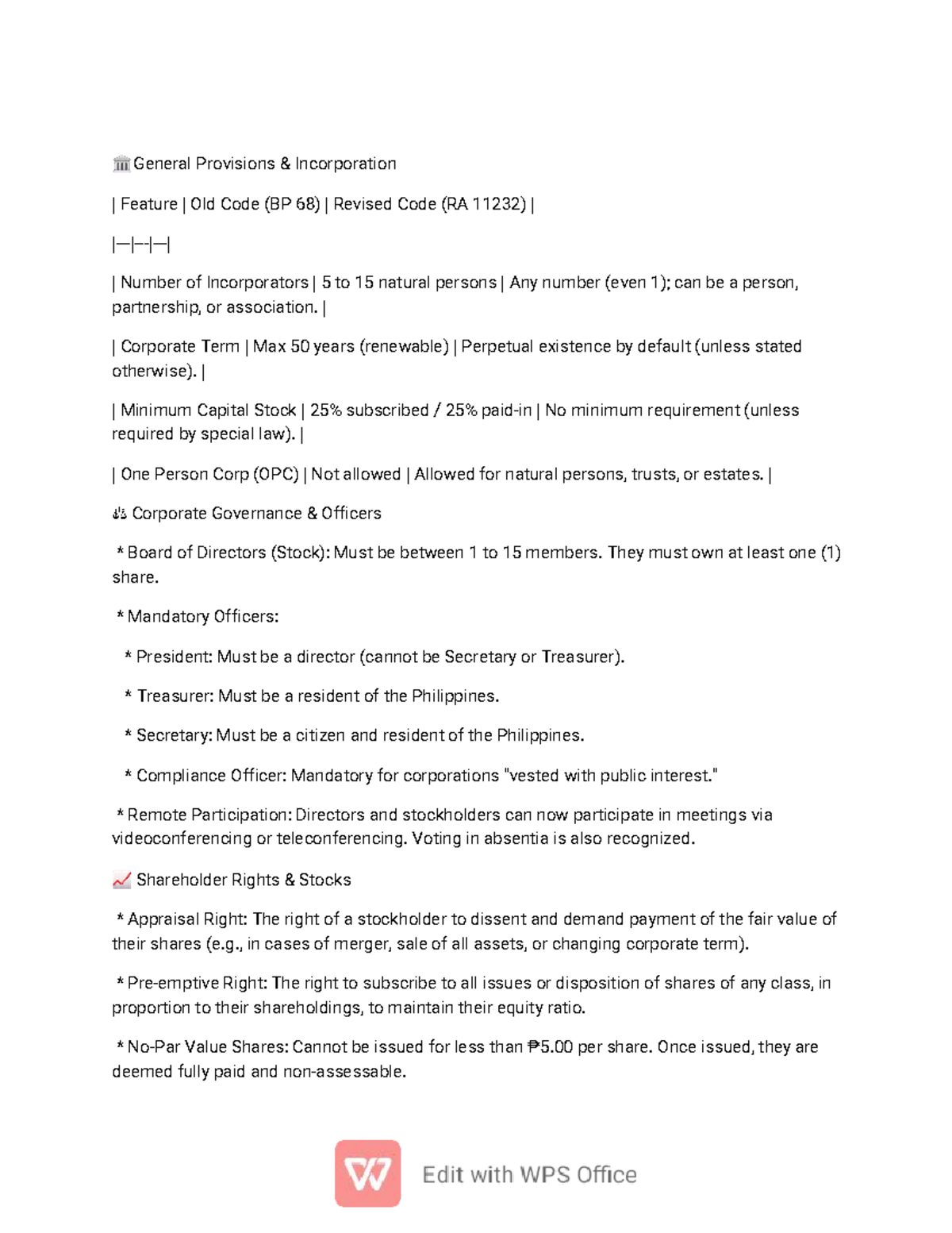 Revised CORP CODE Cheat Sheet (BP 68 & RA 11232) - Studocu