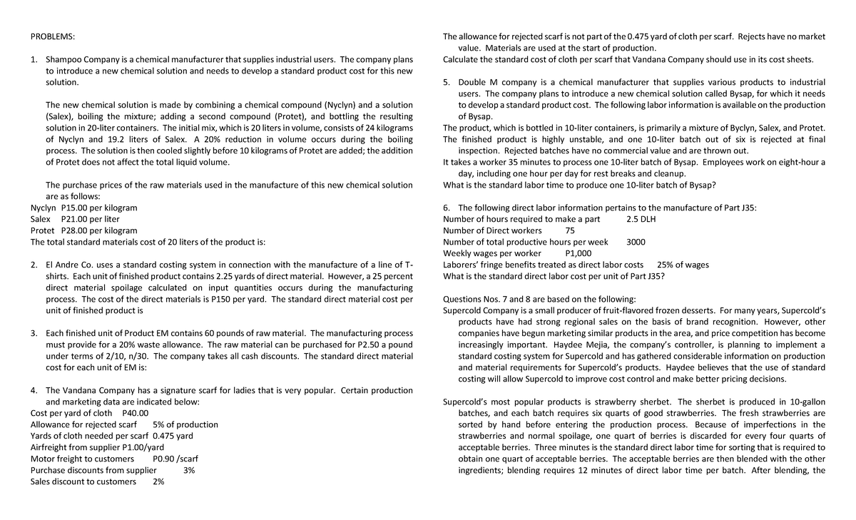 MAS Standard Costing Practice Problems and Solutions - Studocu