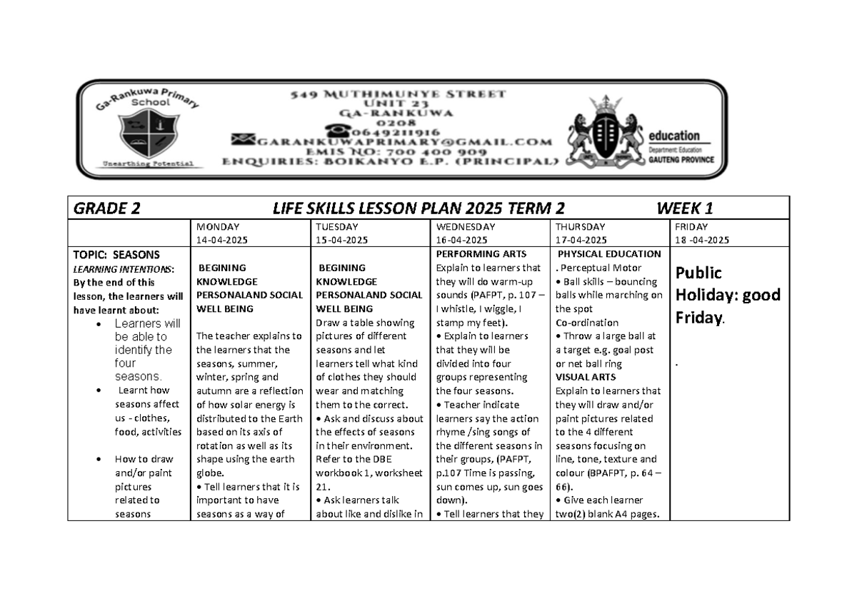 Grade 2 Term 2 Life Skills Lesson Plan: Seasons & Animals 2025 - Studocu