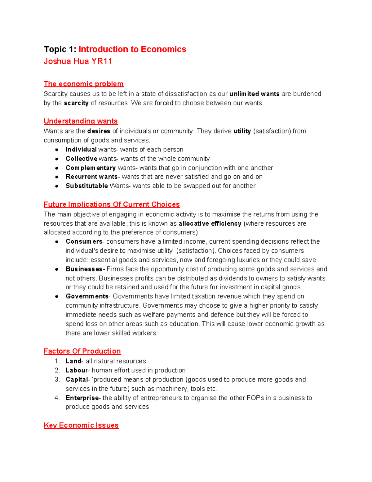 Notes on All Topics (Joshua Hua) - Topic 1: Introduction to Economics ...