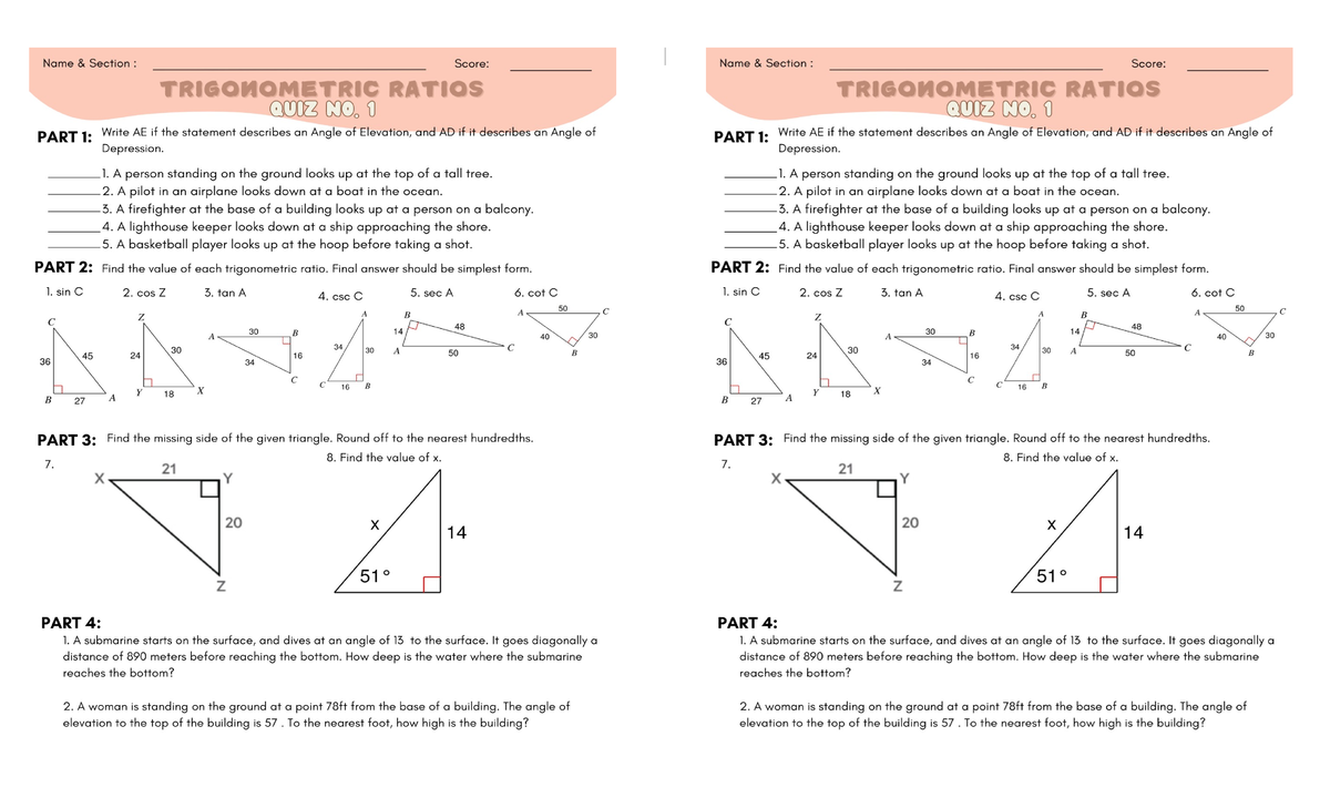 Quiz (Trigonometric Ratios) - Name Section : Score: Name Section ...