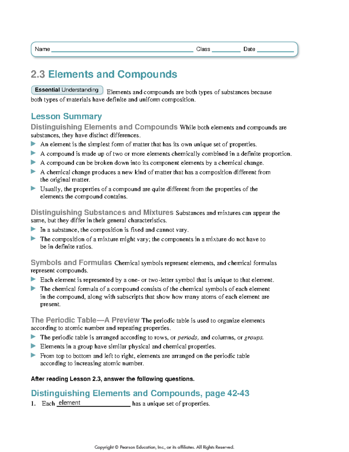 Chem 2.3 Lesson: Elements, Compounds, and Mixtures Overview - Studocu