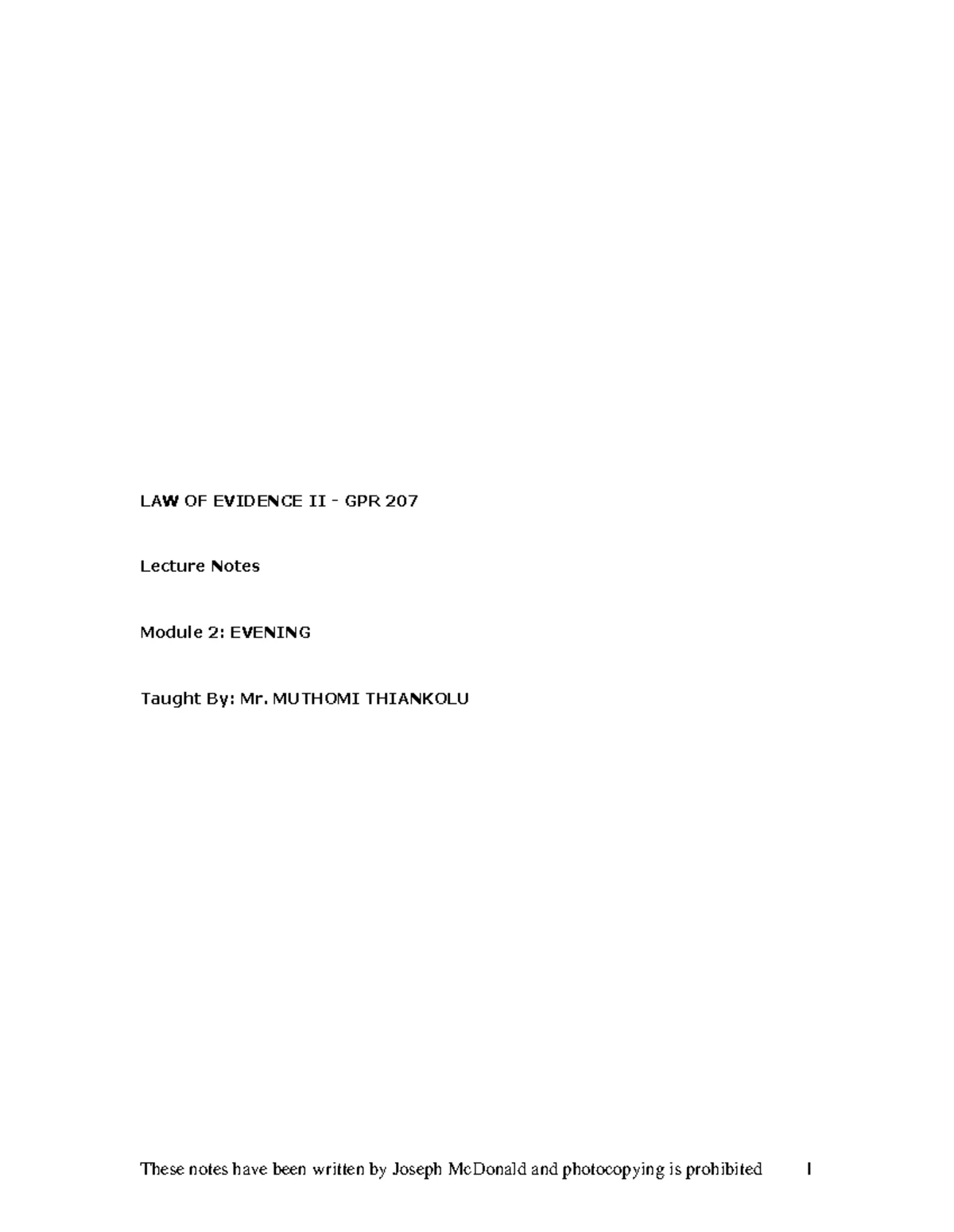 Evidence law notes - UNIVERSITY OF NAIROBI THE LAW OF EVIDENCE ...