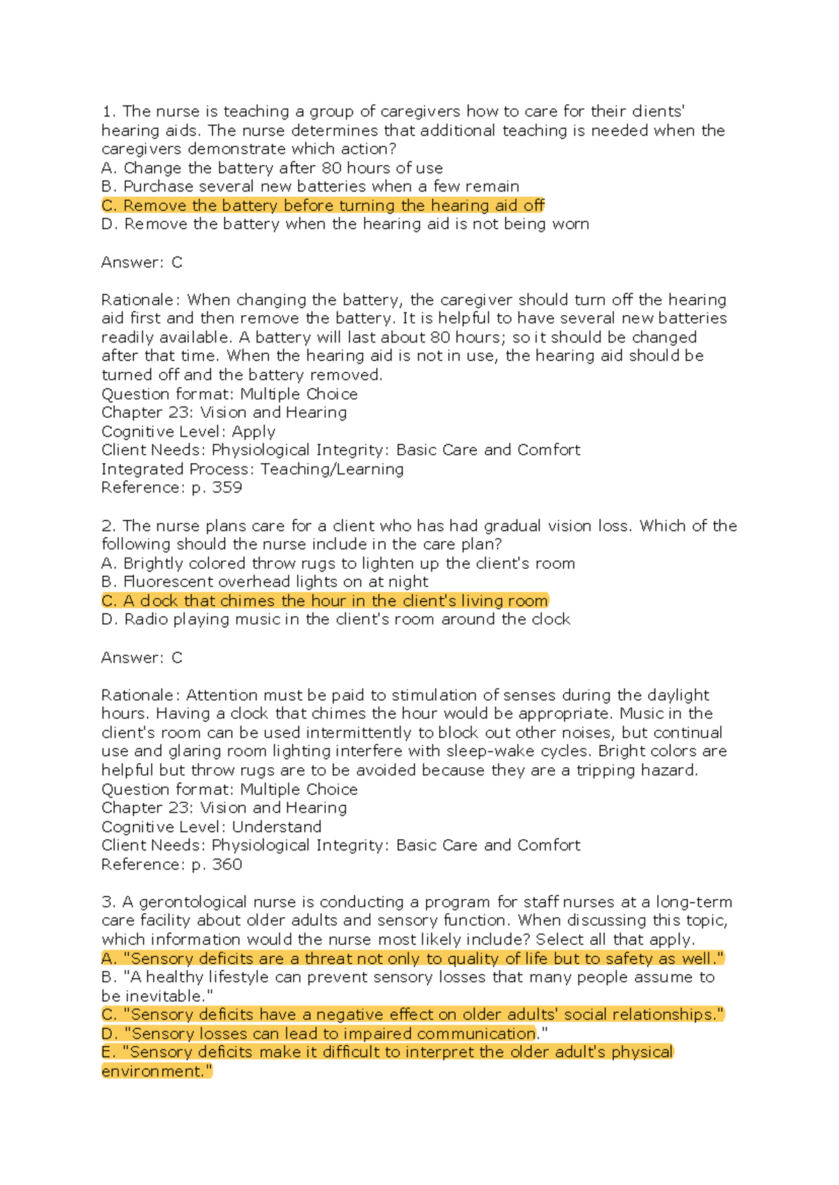 Test Bank: TG Chapter 23 - Vision and Hearing Nursing Assessment - Studocu