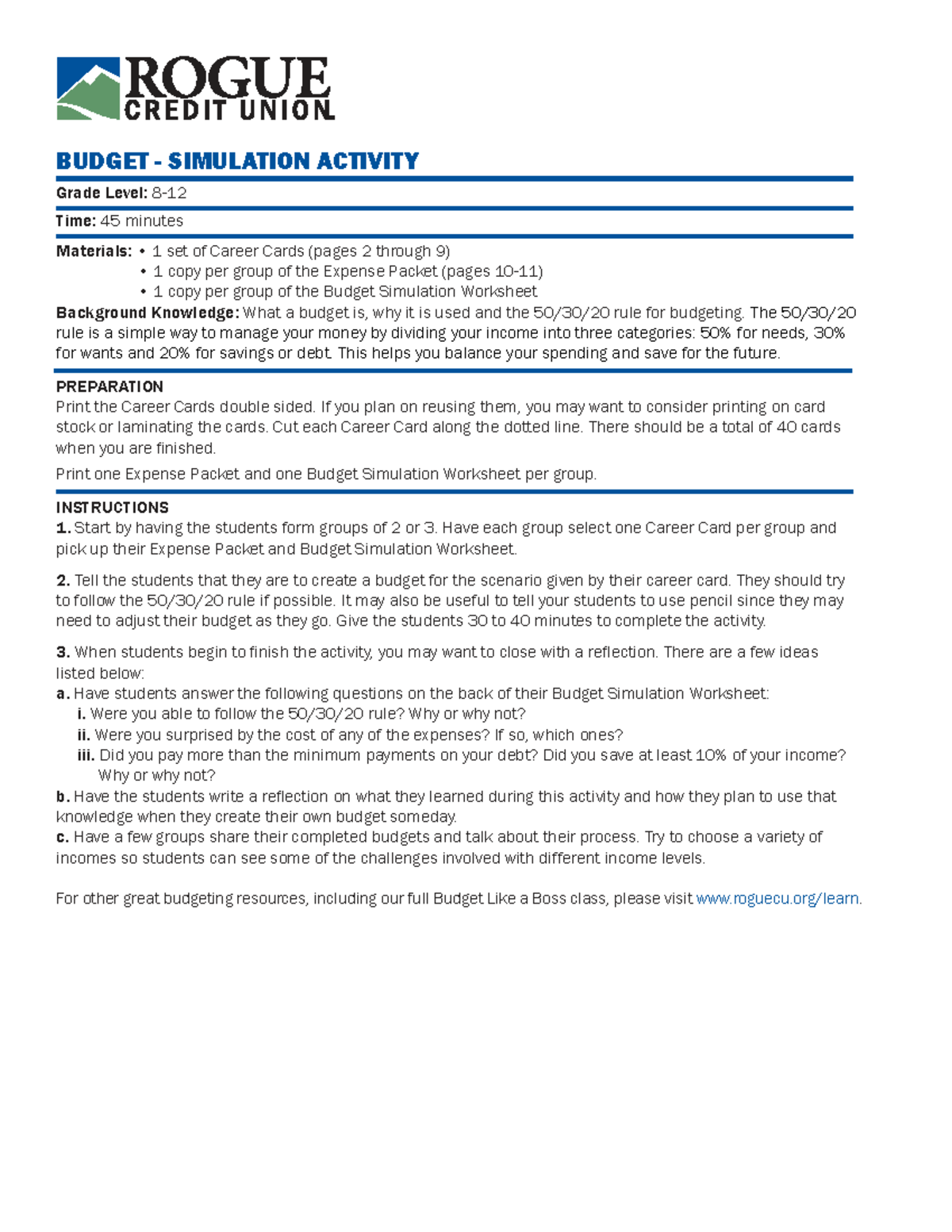 BUDGET SIMULATION ACTIVITY: Engaging Students in Financial Literacy ...